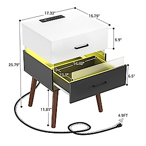 armocity Nightstands with Charging Station and LED Light, Bedside Table with Drawers, Modern Nightstand with Charging Port, Sturdy Night Stands with Light for Bedrooms, Guest Room, White and Black