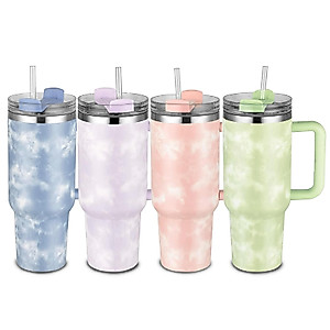 YOUEXPERT 30 oz Tumbler with Handle and Straw, 30oz Travel Cup Stainless Steel Water Bottle Outdoor Sports Tumblers - Green Tie Dye