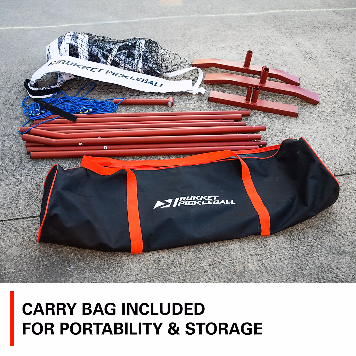 Rukket Sports Portable Pickleball Net System - Regulation Size 22ft Wide x 36in Tall - Powder Coated Steel Frame with 15-Ply Knotted PE Netting - Includes Pickleball Court Marking Kit