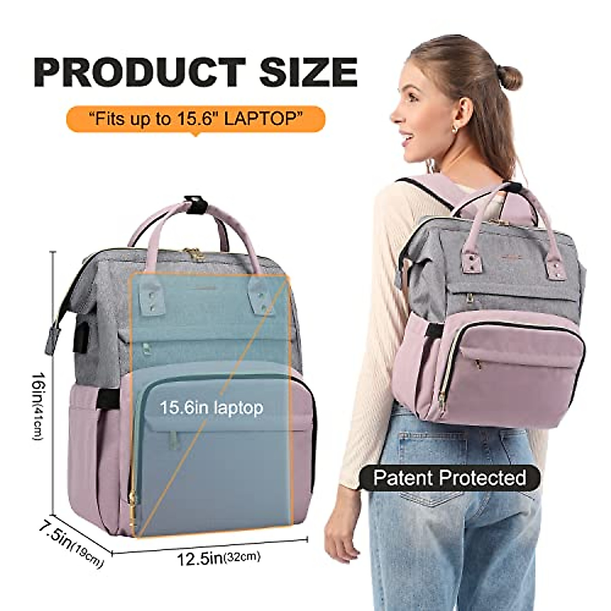 LOVEVOOK Laptop Backpack for Women Fashion Business Computer Backpacks Travel Bags Purse Doctor Nurse Work Backpack with USB Port, Fits 15.6-Inch Laptop Grey-Light Purple