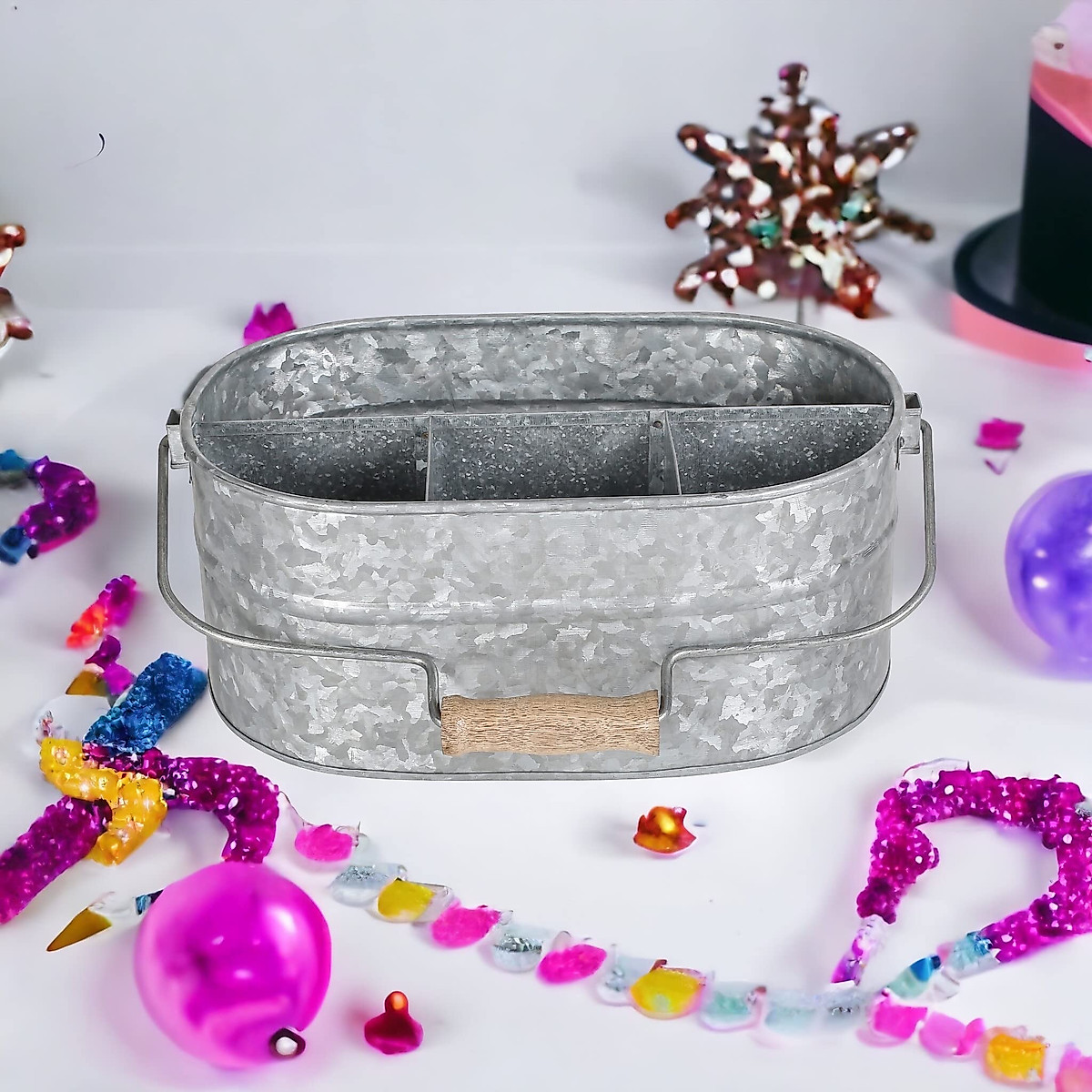 Alpha Living Home Utensil Caddy, Silverware Caddy Party, Silverware Caddy, Picnic Caddy, Flatware Caddy, Paper Plate Caddy, Galvanized Utensil Caddy, Utensil Caddy for Countertop 13.5 inch- Natural