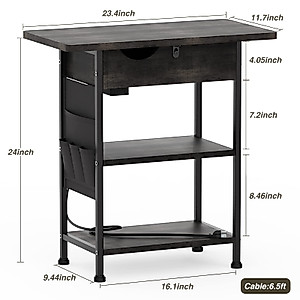 TARKARI Small End Table with charging station - Side Table with USB ports and outlets with storage Gray-Black narrow night stand bedroom side tables living room