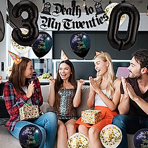 Death To My 20s Decorations,Rip To My 20s 30th Birthday Decorations for Women Him with 30 Number Balloons,Death to My Twenties Banner,Black and Gold Foil Balloons