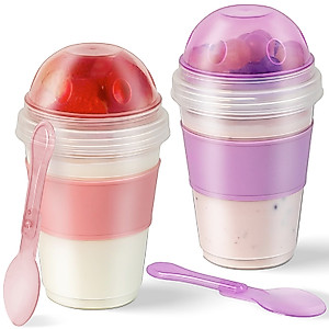 Freshmage® Yogurt Parfait Cups with Lids, 2 Pack 20 oz Reusable Overnight Oats Containers with Lids, Topping Compartment & Spoon to Go for Breakfast Meal Prep, Portable & Lightweight (Purple&Pink)