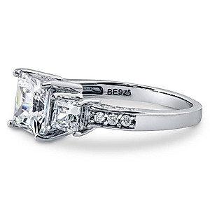 BERRICLE Sterling Silver 3-Stone Wedding Engagement Rings Princess Cut Cubic Zirconia CZ Ring for Women, Rhodium Plated Size 7.5