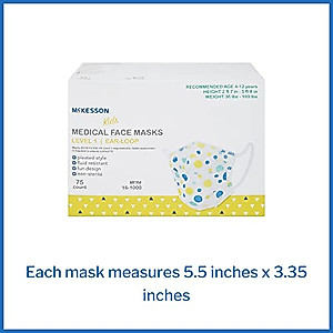 McKesson Kids' Medical Face Masks, Level 1 - Pleated with Ear Loops, Non-Sterile, Blue and Yellow Polka Dots - Fits Kids 4 to 12 Years Old, 5.5 in x 3.35 in, 75 Count, 1 Pack