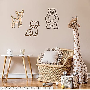 Yulejo Woodland Nursery Decor 3 Pieces Wooden Animal Theme Wall Decor Nursery Jungle Wall Art Geometric Safari Wall Decor Jungle Decor with Glue Points for Themed Room (Deer, Bear, Fox)