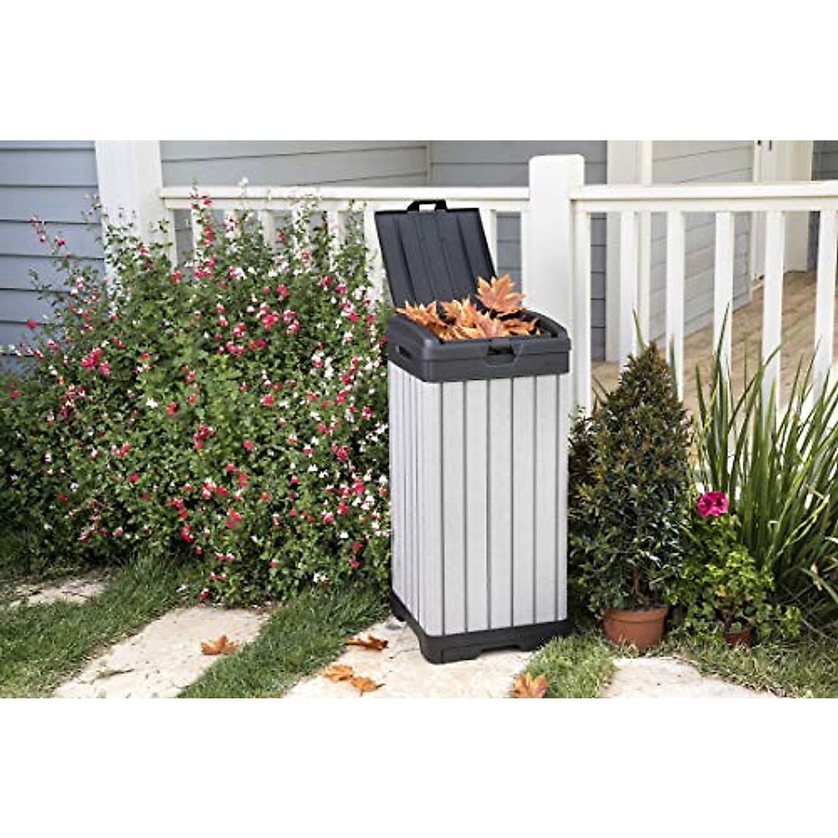 Keter Rockford Resin 38 Gallon Trash Can with Lid and Drip Tray for Easy Cleaning-Perfect for Patios, Kitchens, and Outdoor Entertaining, Grey