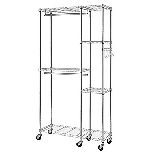 TRINITY EcoStorage Rolling Garment Rack with Shelves Hooks for Clothing Storage for Bedroom, Closet Organization, Entryway, and More, Chrome, 41” W x 14” D x 76” H