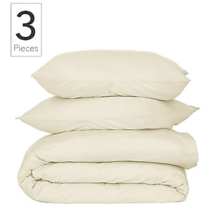 Nate Home by Nate Berkus 300TC 3-Piece Luxe Cotton Sateen Duvet Cover | Ultra Soft, Cool, Bedding Set from mDesign - Full/Queen Size - 1 Duvet Cover/2 Pillow Shams, Antique White (Beige)