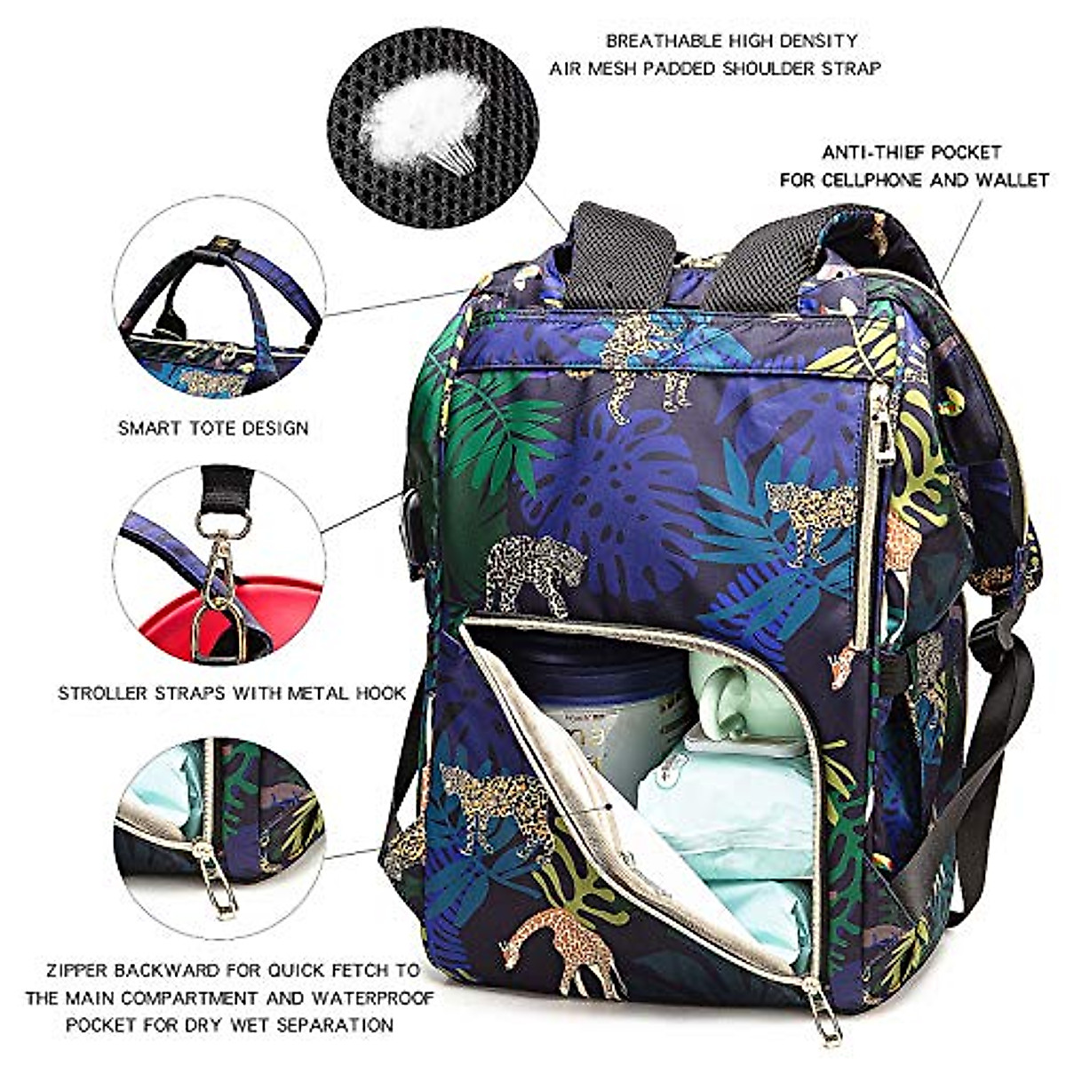 QWREOIA Diaper Bag Backpack, Animal Print Travel Nappy Bag with USB Charging Port Stroller Straps and Insulated Pocket For Women/Mum (Animal Print Pattern)