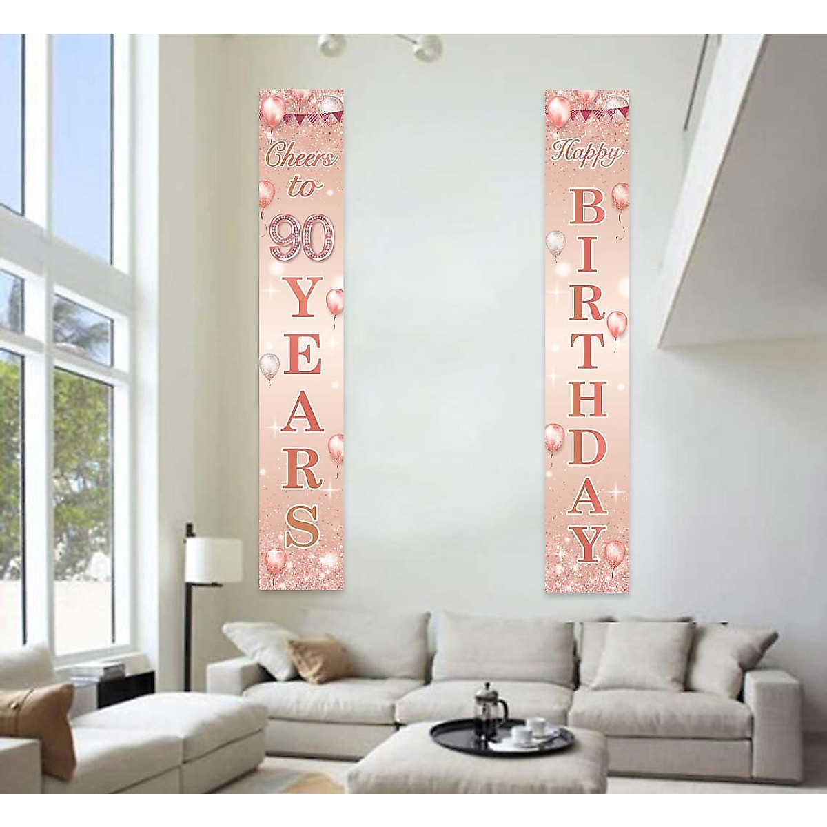 Happy Birthday Rose Gold Banner Cheers to 90 Years Backdrop Balloon Confetti Theme Decor Decorations for Front Door Porch Women 90th Birthday Party Pink Birthday Party Supplies Bday Favors Glitter
