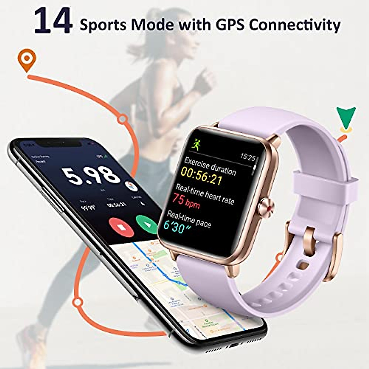 Hamile Smart Watch for Android Phones and iPhone Compatible, Smart Watches for Women Men 5ATM Waterproof Fitness Tracker with Heart Rate Sleep Monitor Step Counter Pedometer Stress Level, Lavender