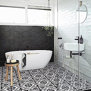 Peel and Stick Floor Tile 11.8In by 11.8In Black and White Flower Floor Tiles Self-Adhesive Removable for Bathroom/Kitchen 10 PCS