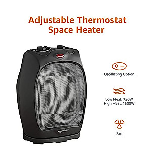 Amazon Basics 1500W Oscillating Ceramic Heater with Adjustable Thermostat, Black