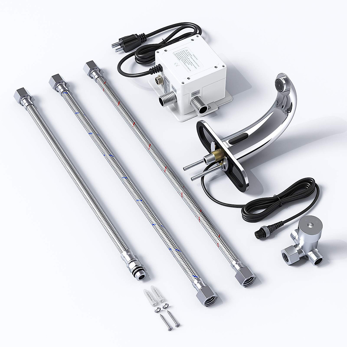 PRIMSOPH Automatic Motion Sensor Hands Free Electronic Infrared Smart Commercial Touchless Bathroom Sink Faucet with Cover Plate Temperature Mixer Battery or Plug-in Powered Satin Chrome