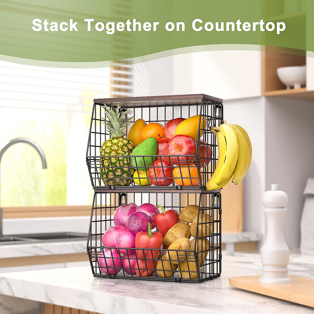 2 Tier Fruit Bowl Fruit Basket for Kitchen Counter Stackable Wall Mounted Hanging Basket Wire Baskets with Wood Lid with 4 Banana Hanger Hooks, Onion Basket, Fruit and Vegetable Storage