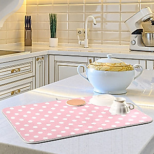 Pink White Polka Dot Dish Drying Mat for Kitchen Counter 18 x 24 Inch Absorbent Microfiber Valentines Dry Dishes Rack Mats Drainer Mat Dish Drying Pad for Countertops Decor