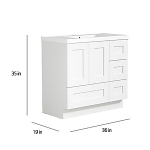 JPND White Shaker Style 36" Bathroom Vanity with Sink Top, Wooden Double Door Bathroom Storage Vanity with Soft-Close Door and 4 Drawers (Faucet and Knobs Not Included)
