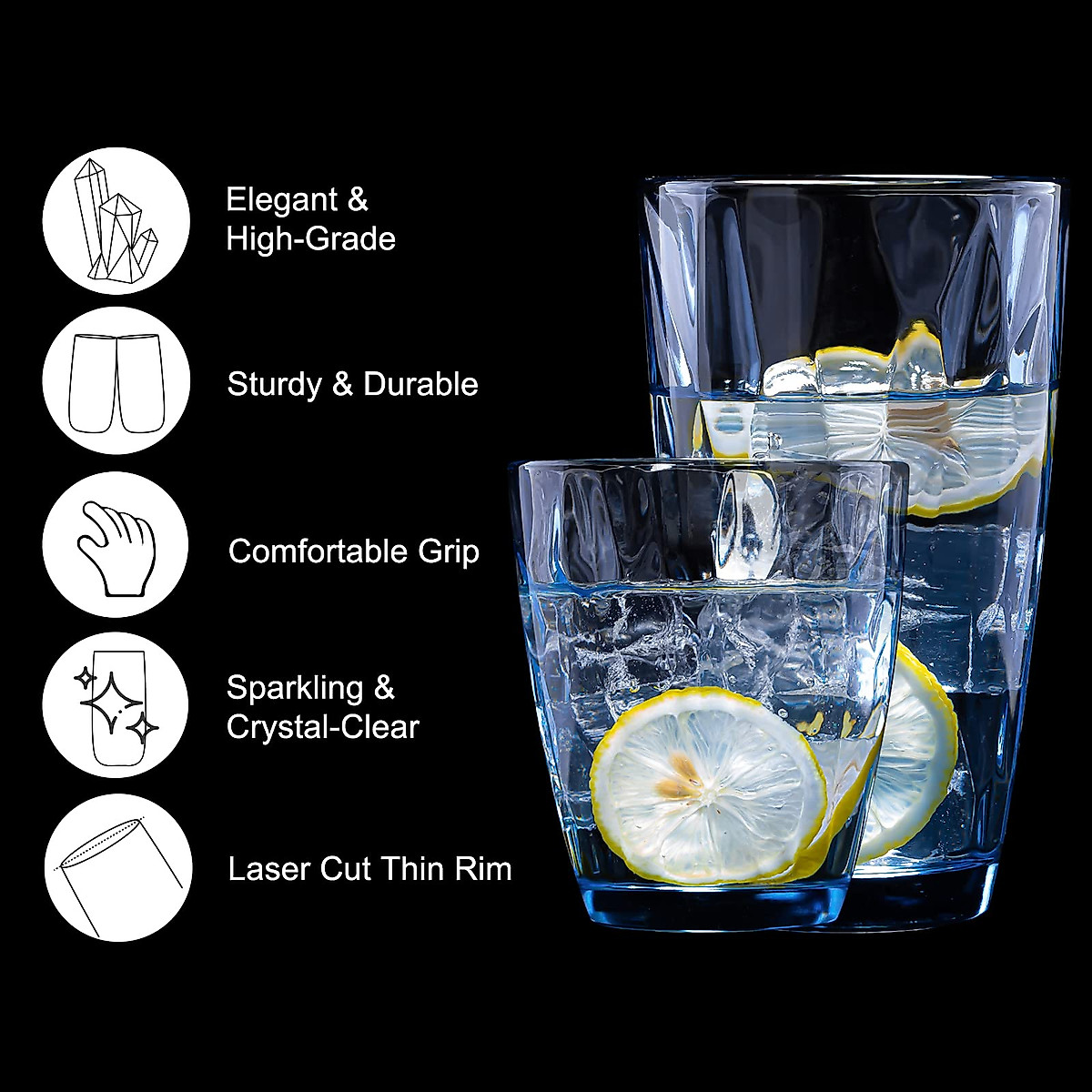 CREATIVELAND Drinking Glasses Tumbler Light Blue Set of 8, for Water,Cocktail,Juice,Beer,Iced Coffee,Clear Blue Glassware for Kitchen,Thick & Heavy Glass Highball Glasses with Heavy Base 15.8oz/13.7oz