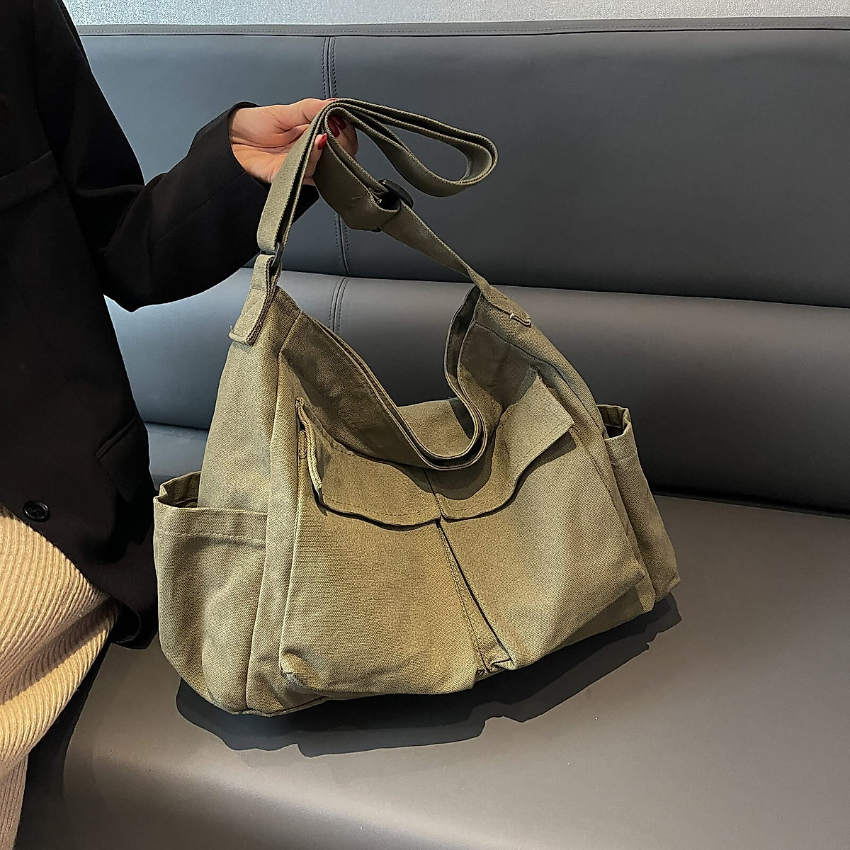 Blostirno Canvas Messenger Bag Large Hobo Crossbody Bag with Multiple Pockets Vintage Shoulder Tote Bags Handbag for Women and Men (Army Green)