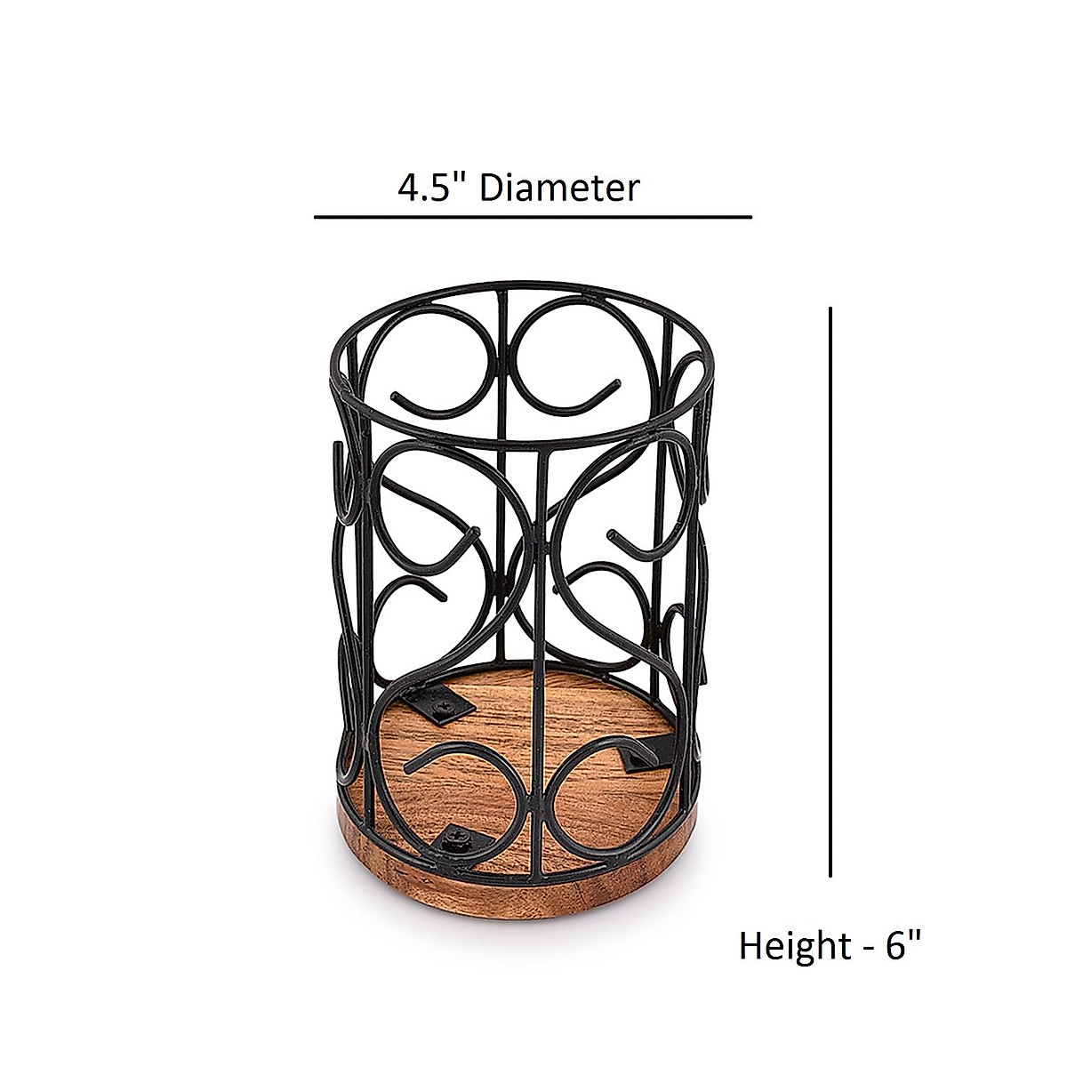 EDHAS Iron Utensil Holder With Acacia Wood Base Kitchen Counter Organizer Round Flatware Storage for Countertop (4.5" x 4.5" x 6")