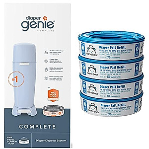 Diaper Genie Complete Diaper Pail (Blue) with Antimicrobial Odor Control, 1 Carbon Filter & Amazon Brand - Mama Bear Diaper Pail Refills Pails, 1080 Count (4 Packs of 270 Count)
