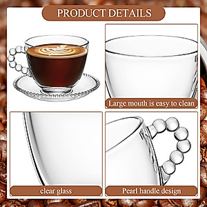 8 oz Glass Tea Cups and Saucer Set, Clear Tea Cups Set Clear Coffee Cups with Handles for Latte, Cappuccino, Mocha, Hot Chocolate, Tea, Juice, Hot or Iced Beverage, Cute Bead Design (2 Set)