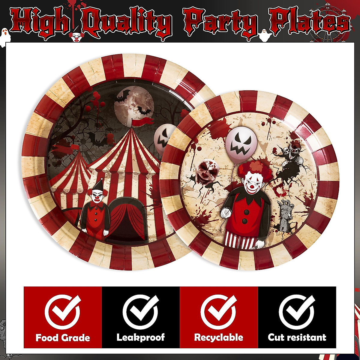 G1ngtar 96Pcs Halloween Circus Party Plates Supplies - Creepy Carnival Party Tableware Decoration Horror Evil Skull Disposable Paper Plates Napkin Fork for Kids Birthday Baby Shower, Serves 24