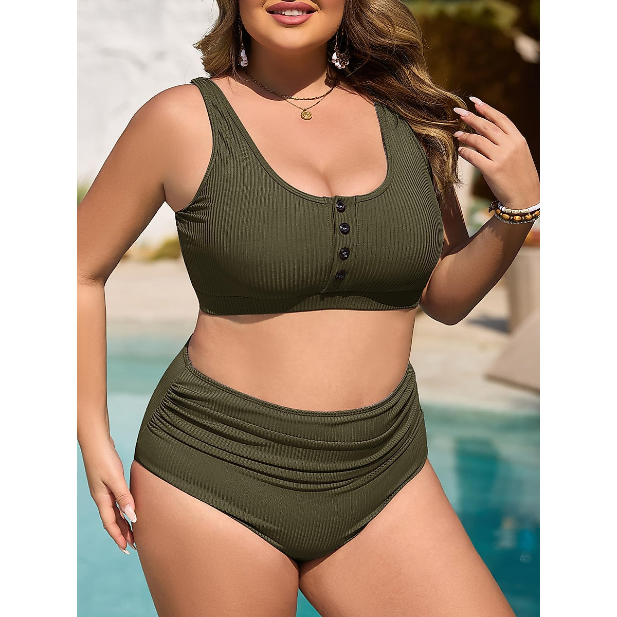 Summer Mae Plus Size Women Ribbed Bikini Set Two Piece High Waist Swimsuit Scoop Top Tummy Control Bathing Suit Swimwear Olive 22 Plus