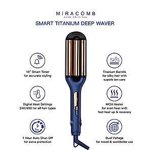 MIRACOMB Ion Titanium Deep Waver Smart Crimping Iron Hair Crimper, Digital Heat Settings, Auto Off, Dual Voltage, Royal Blue