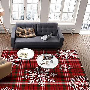 Merry Christmas Area Rug Indoor Carpet 2"x3", Winter Snowflakes On Red and Black Plaid Anti-Slip Low-Pile and Soft Accent Rug for Living Room Dining Room Bedroom