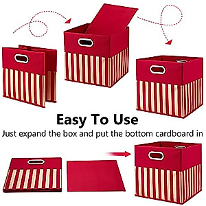 HSDT Fabric Storage Cube Bins 13x13x13 Inch Foldable Boxes Red Cloth Basket with Golden Strip Pattern for Shelves or Closet Organzier,QY-SC33-3