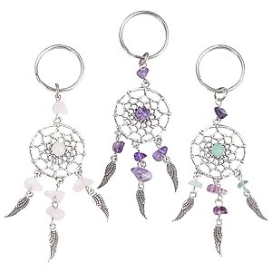 PH PandaHall 12pcs Dream Catcher Keychain, 3 Color Gemstone Crystal Key Chains Natural Chip Feather Key Chain Dreamcatcher Keyring Boho Lucky Decor for Easter Car Bag Home Hanging Ornaments Pendant