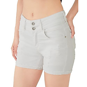 PHOENISING Women's Denim Shorts Stretchy Distressed Rolled Hem Mid Rise Jean Short, White, Size 12