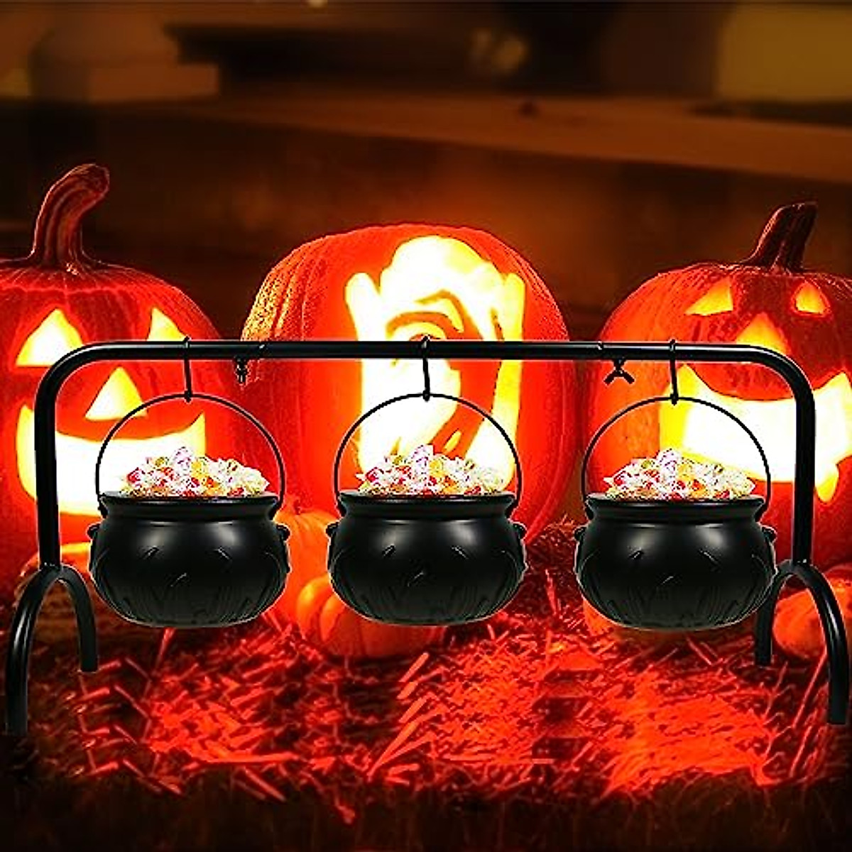 Darnassus Halloween Cauldron On Rack,Set Of 3 Witches Cauldron Serving Bowls Halloween Candy Bowl,Plastic Black Cauldron Halloween Decor Halloween Party Decoration