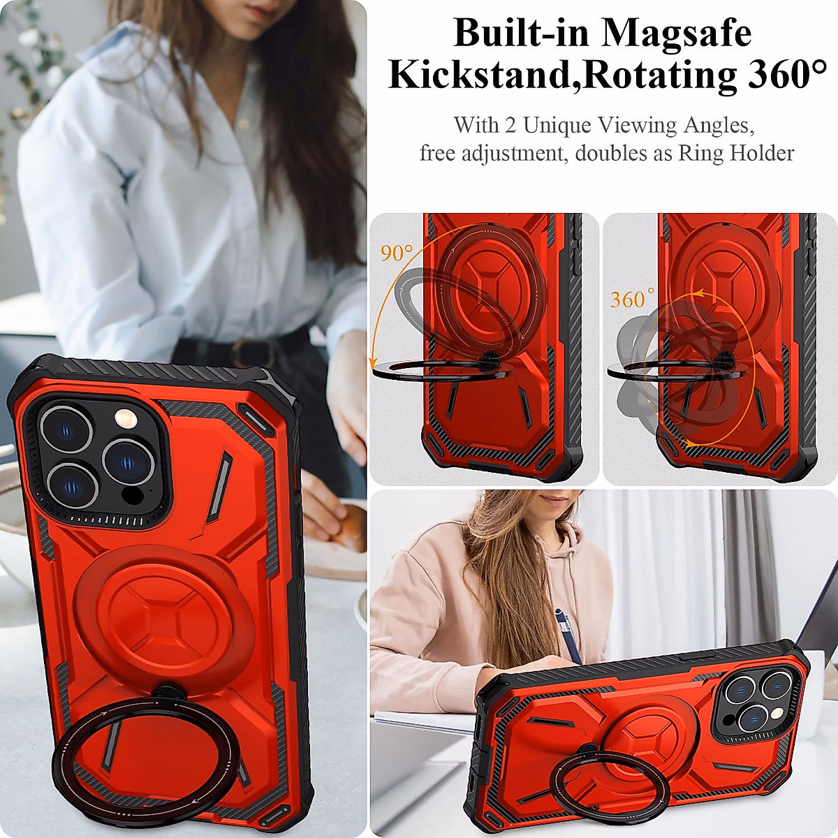 MMHUO 360°Rotatable Magnetic Ring for iPhone 14 Pro Max Case with Invisible Stand,[Compatible with MagSafe] Military Grade Drop Tested Heavy Duty Protective Case for iPhone 14 Pro Max,Red