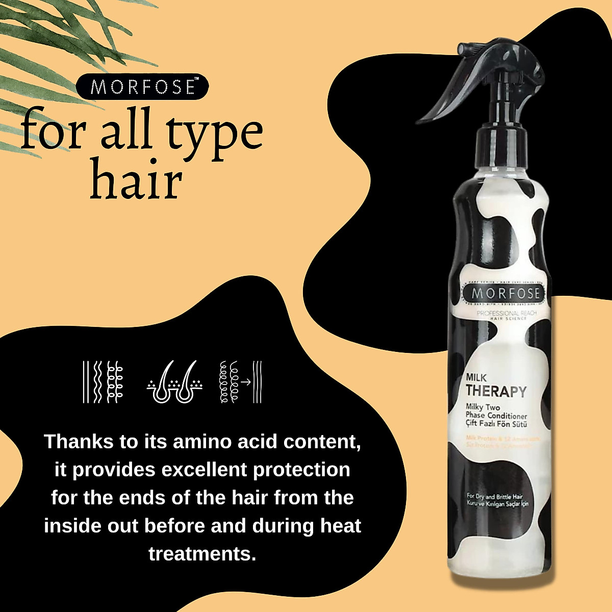 Morfose Professional Milk Therapy Two Phase Leave-in Conditioner for Dry, Damaged, or Brittle Strands, 12 Essential Amino Acids, Repairs and Protects, Damage, and Split Ends, 13.52 Fl Oz