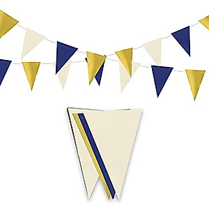 YSSAI 46 Ft Navy Blue Gold Beige Triangle Flag Bunting Banner Hanging Paper Pennant Banner Blue and Gold Party Decorations SA0029 0