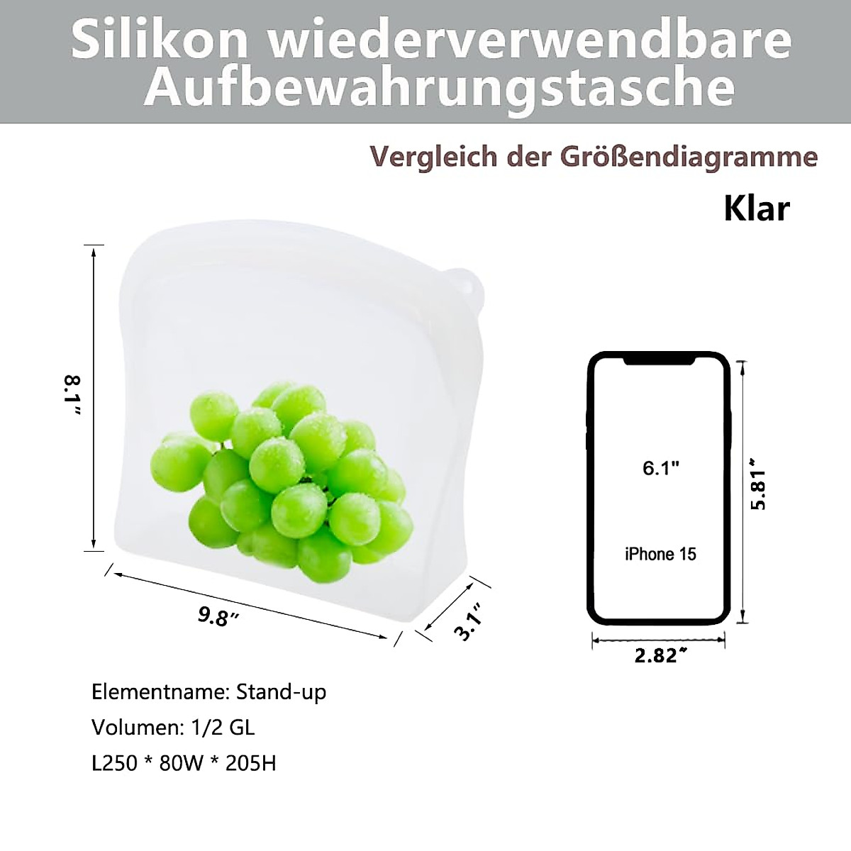 Kelina 1/2 Gallon Reusable Silicone Storage Bag,Food Storage Container Set,Microwave and Dishwasher Safe,Leak-free,Clear