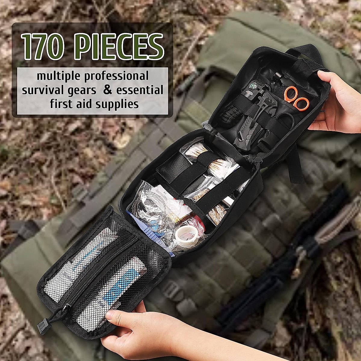 ABPIR Survival First Aid Kit, 170 PCS Survival Kits,Trauma Kit with Essential Survival Gear Emergency Medical Supplies for Hiking Camping Backpacking Outdoor Adventure, Gifts for Christmas Him Dad Men