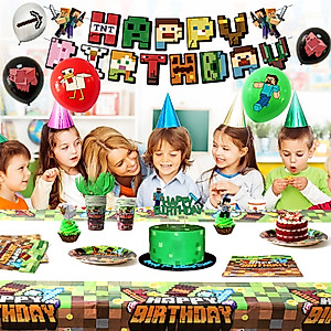 Nifasniy Birthday Party Supplies Decorations Favors Kit for Boys,Banner Plates Napkins Cups Tablecloth Balloons Forks Party Decor（Pixel）