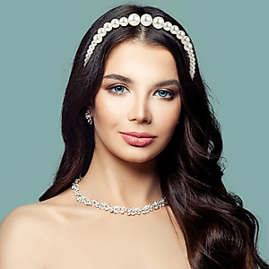 Hoteam 3 Pcs Pearl Headbands for Women White Faux Pearl Rhinestones Hairbands Bridal Hair Hoop Wedding Hair Accessories