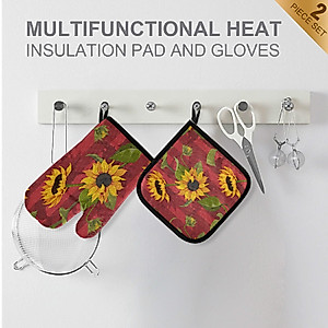 Fall Red Sunflower Oven Mitts and Pot Holders Autumn Thanksgiving Hot Pads & Heat Resistant Gloves Oven Mitten for Kitchen Cooking BBQ Baking Bakeware
