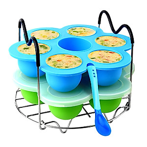 Silicone Egg Bites Mold Set of 4, Steamer Rack with Heat resistant Handle and Spoon,Reusable Sous Vide Egg Poacher with Lid Fits Instant Pot 5,6,8 qt Pressure Cooker