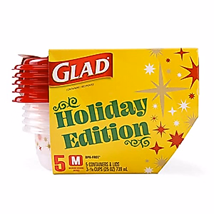 GladWare Medium Entrée Square Holiday Food Storage Containers with Lids | 25 oz Holiday Containers with Red Star Design, 5 Count Set | Airtight Food Storage Containers for Food