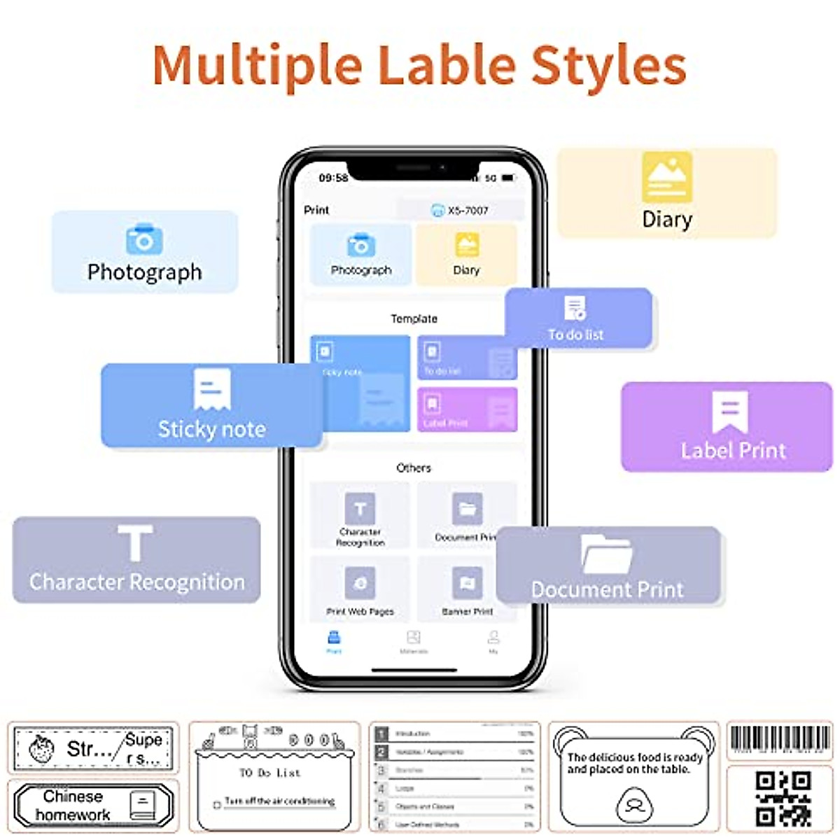 Label Maker Machine with Tape, Portable Bluetooth Label Printer Sticker Maker Machine for Labeling Barcode, Name, Address, Mailing, Organizing, Great for Home, Office, Inkless, USB Rechargeable