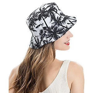 ZLYC Unisex Cute Print Bucket Hat Summer Travel Fisherman Cap for Women Men Teens (Palm Tree Black)