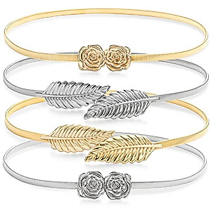 Juvale 4-Pack of Adjustable Fancy Dress Belts for Women, Skinny Stretch Metallic Waist Belts for Dresses, Blouse, Leaf and Rose Designs, Silver and Gold (27x0.35 in)