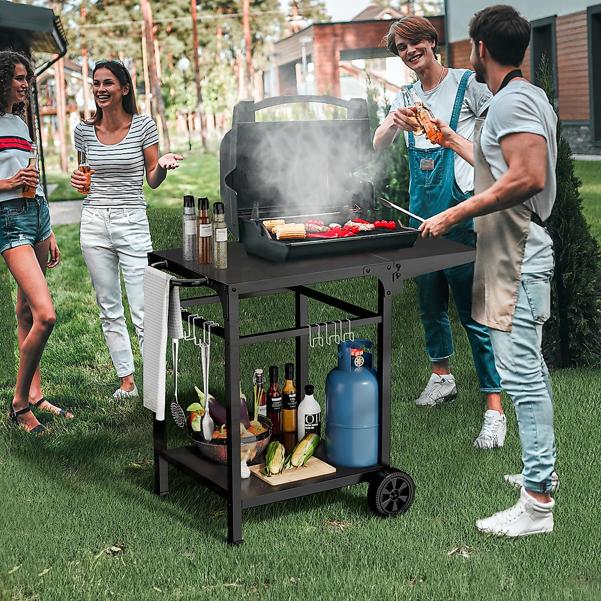 Blomed Dining Cart Table with Double-Shelf, Grill Cart with Wheels, Movable Steel Flattop Worktable, 6 Hooks, Side Handle, BBQ Cart Pizza Oven Stand